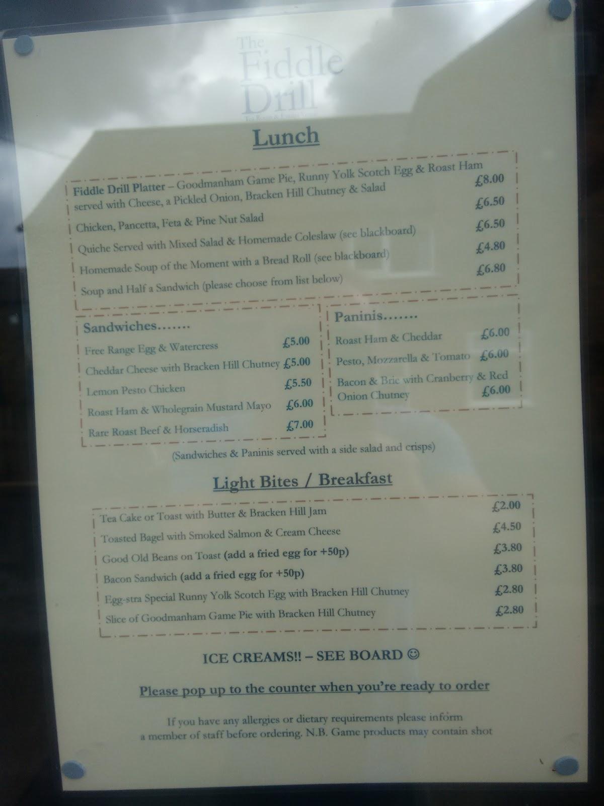 Menu at The Fiddle Drill cafe, Goodmanham