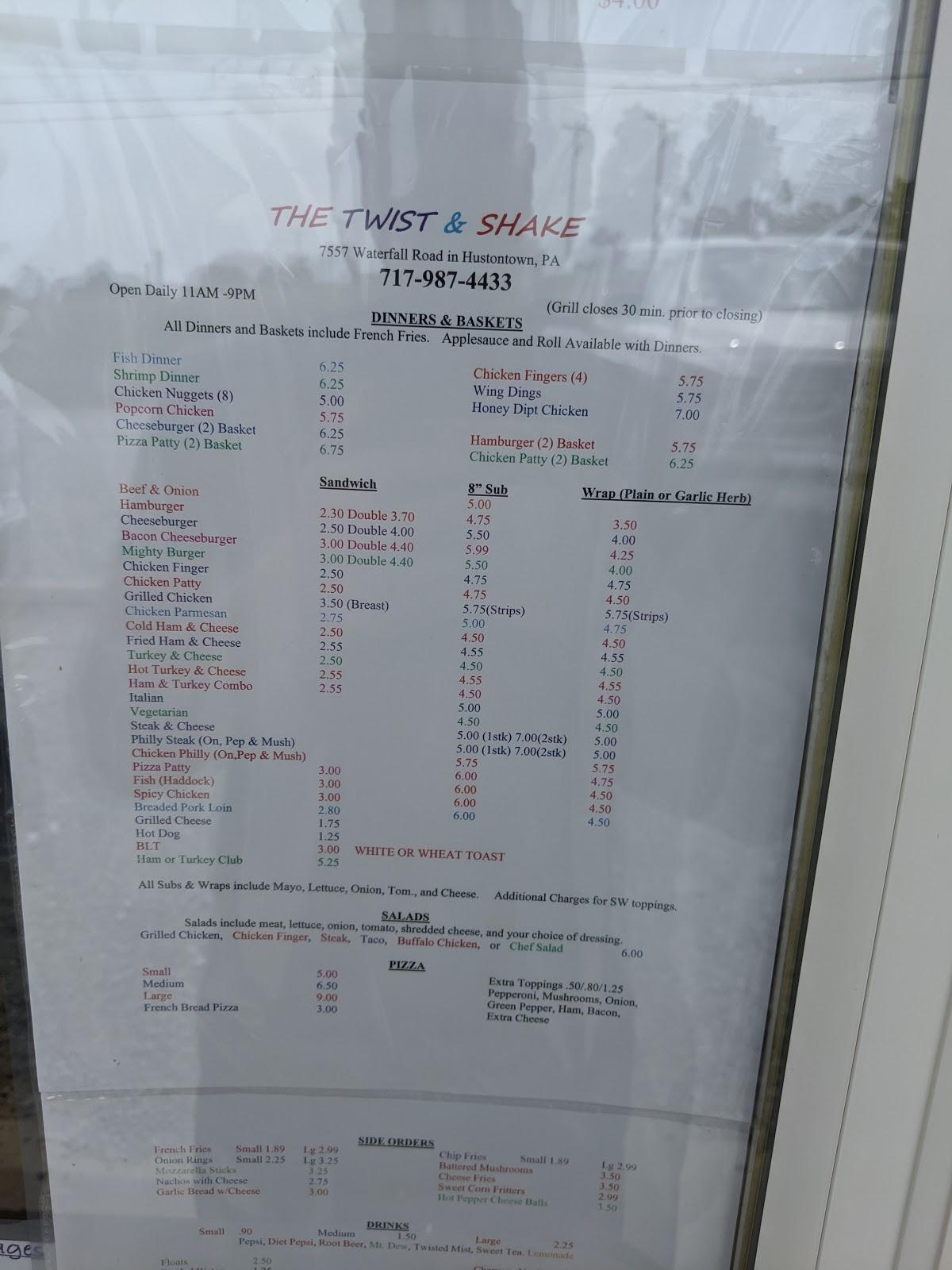 Menu at Twist & Shake restaurant, Hustontown