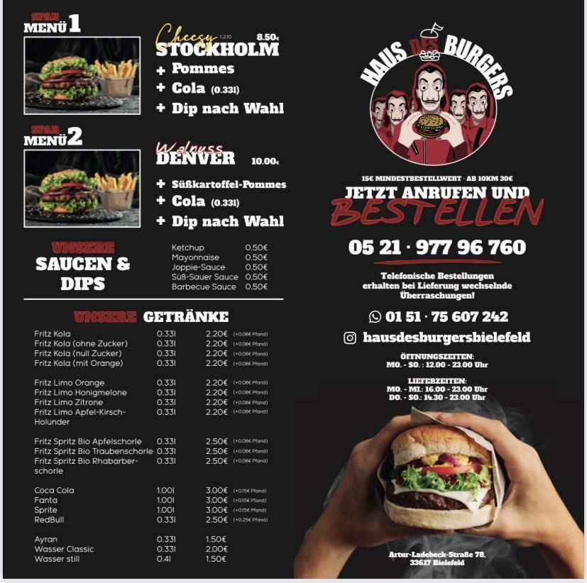 Carta del restaurante Haus des Burgers, Bielefeld