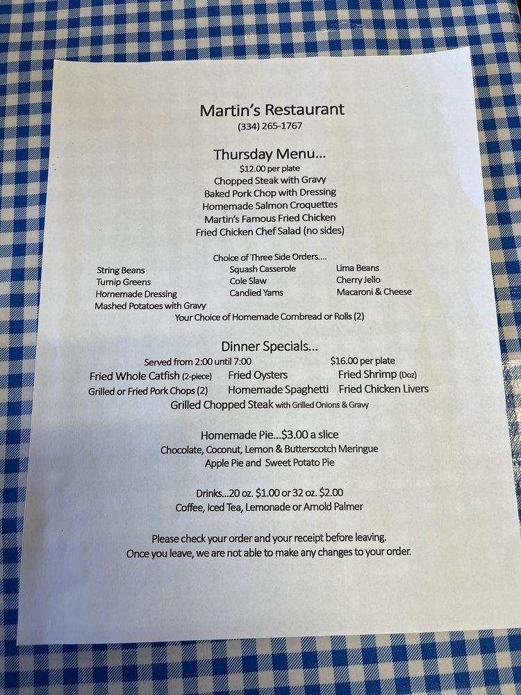 Carta de Martin's Restaurant, Montgomery