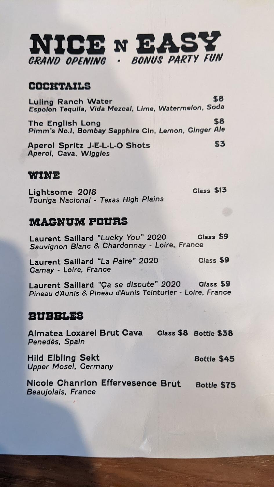 Menu at Nice N Easy pub & bar, Johnson City