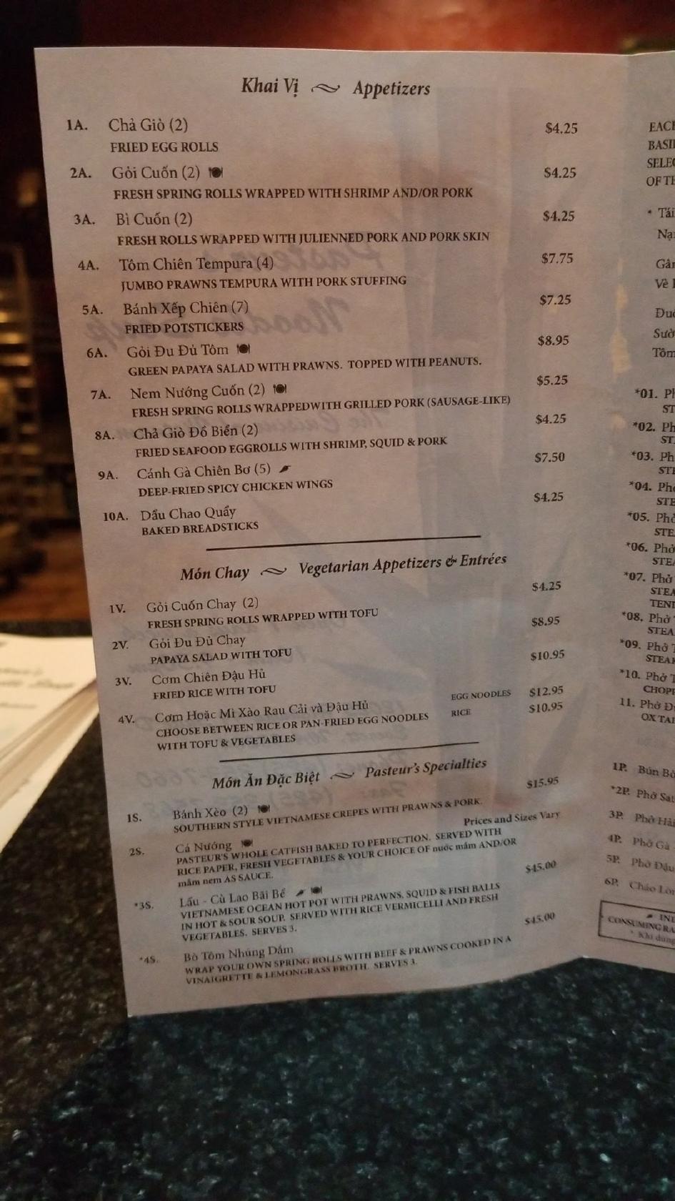 Menu at Pasteur's Noodle Soup restaurant, Everett