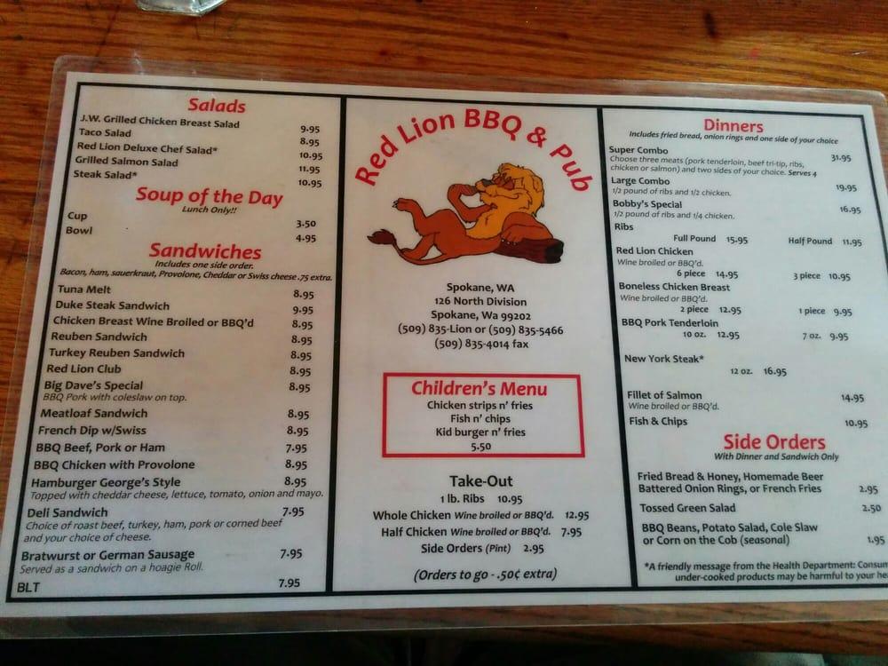 Menu at Red Lion Pub, Spokane