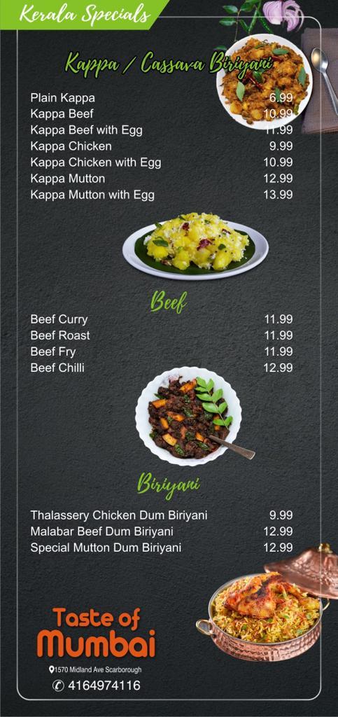 Menu at Taste of mumbai restaurant, Toronto