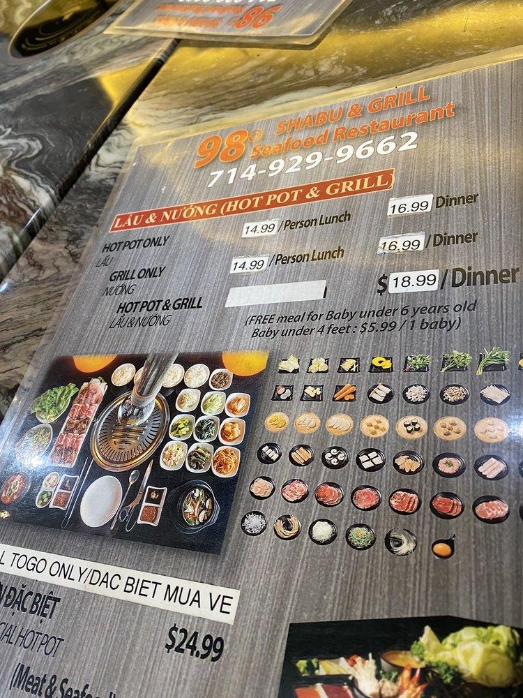 Menu at 98 Shabu+Grill Seafood buffet restaurant, Westminster