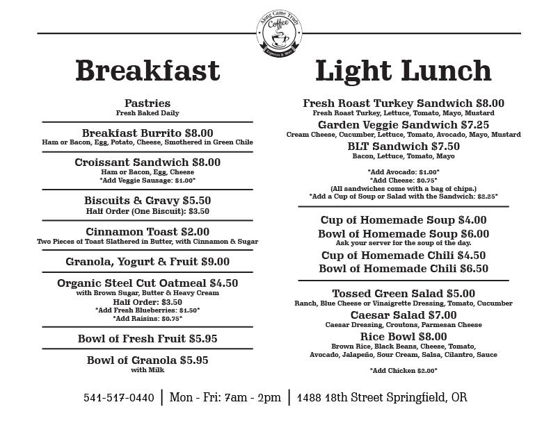 Menu at Tall Firs Cafe and Events, Springfield