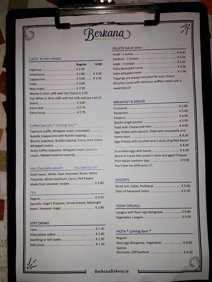 Menu at Berkana Bakery, Waterford