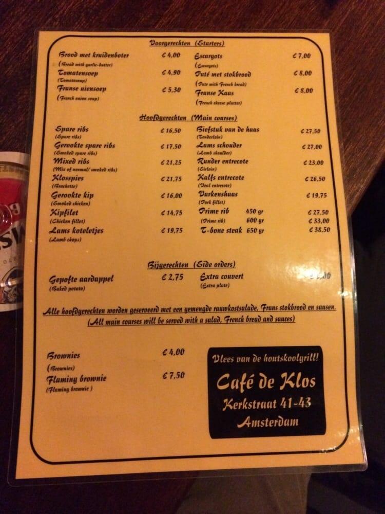 Menu at Cafe De Klos, Amsterdam