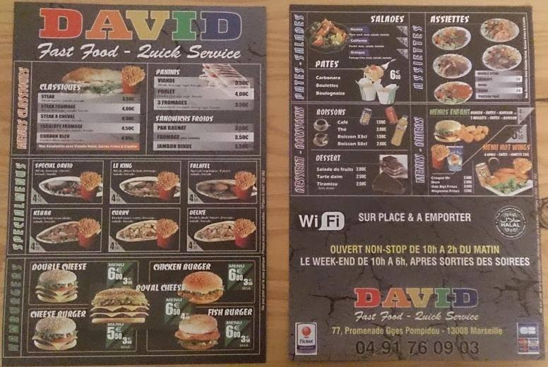 Menu au David Fast Food - Quick Service, Marseille