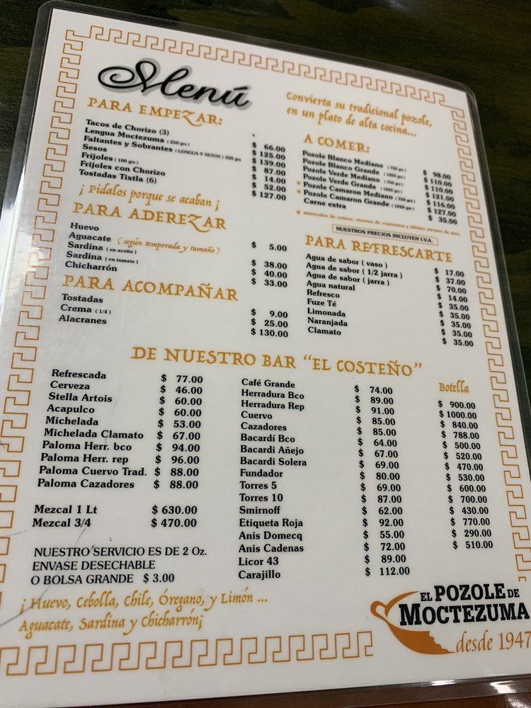 Menu at El Pozole de Moctezuma restaurant, Mexico City