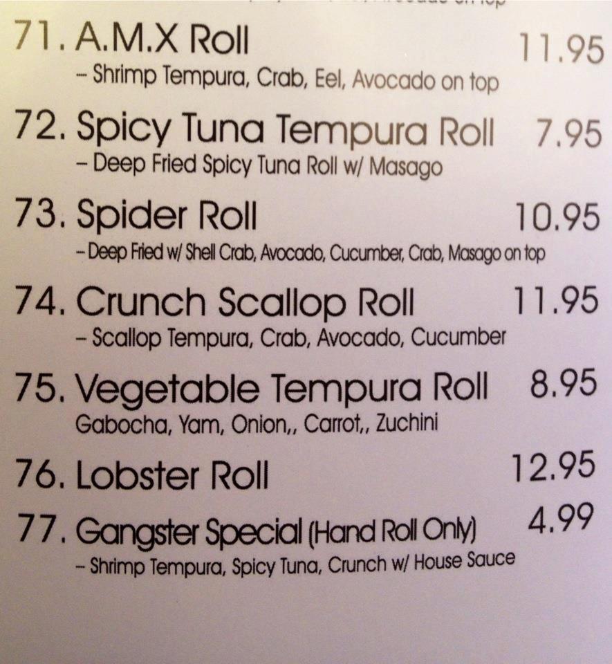 Menu at Geisha Sushi restaurant, River Edge