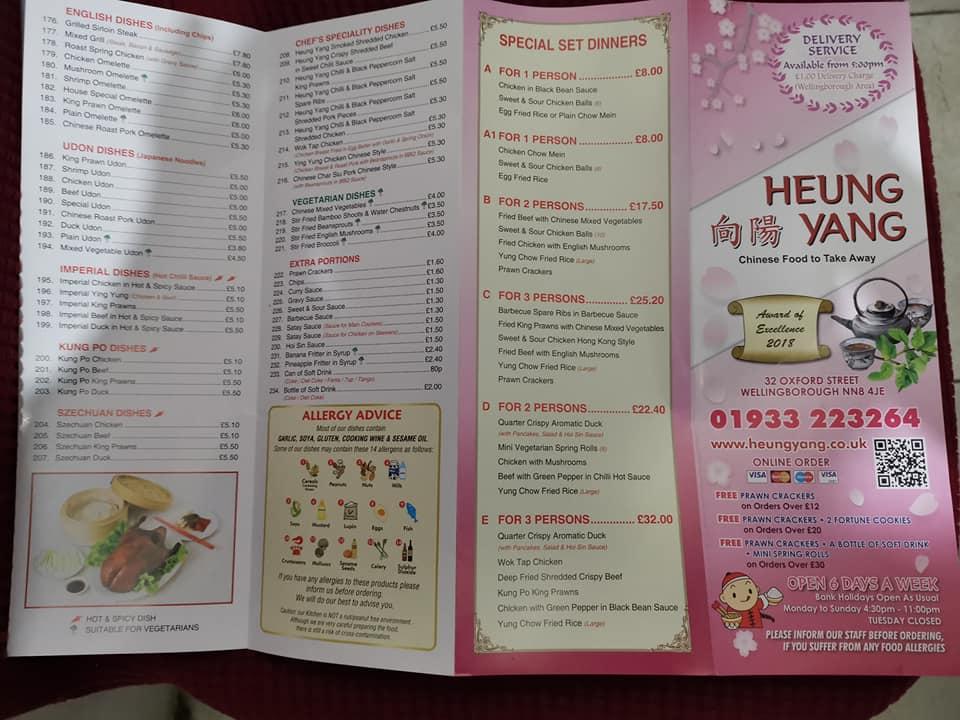 Menu at Heung Yang fast food, Wellingborough
