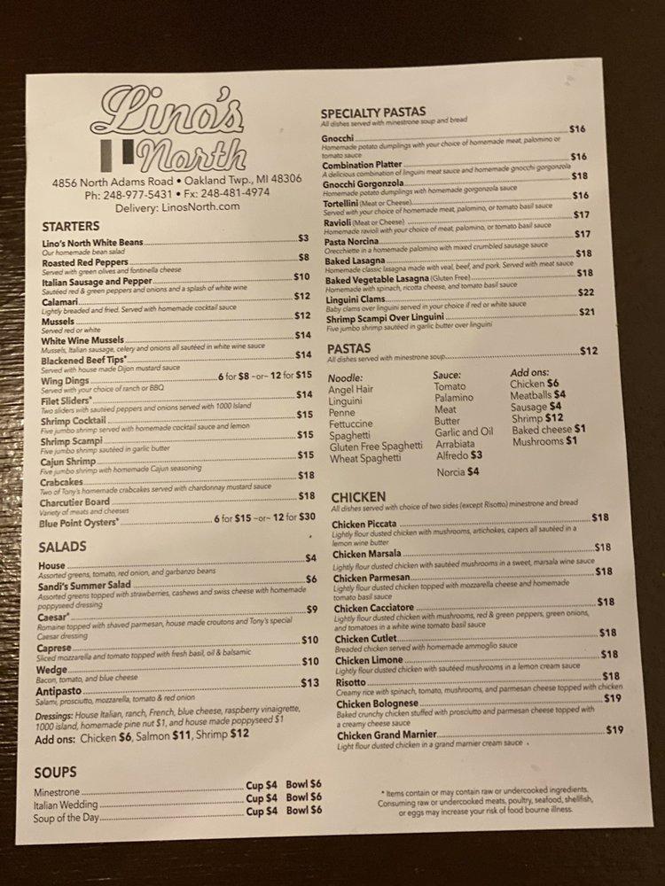 Menu at Lino's North steakhouse, Oakland charter Township