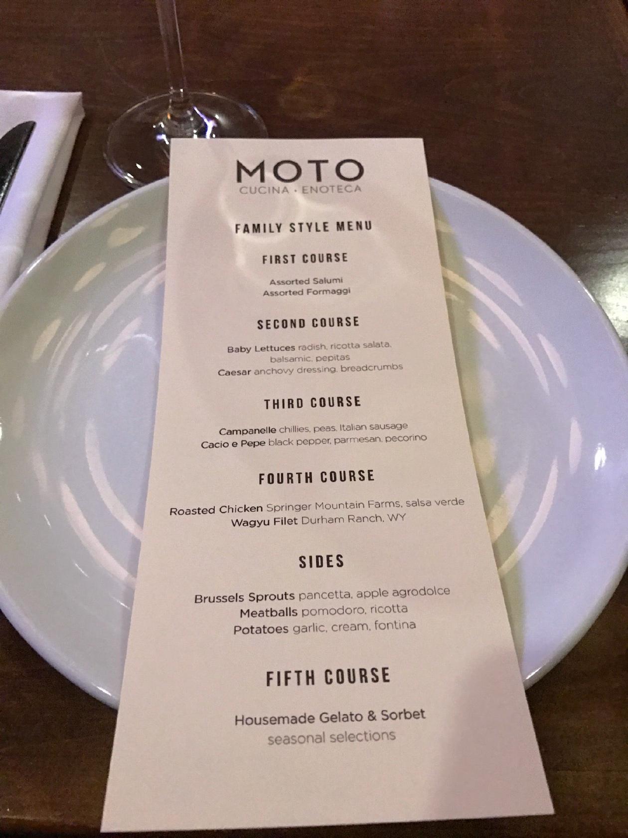 Menu at Moto restaurant, Nashville