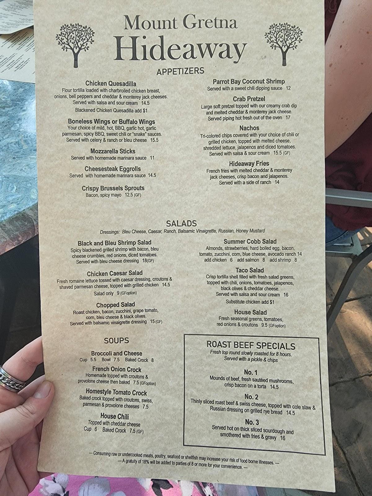 Menu at Mount Gretna Hideaway pub & bar, Mount Gretna