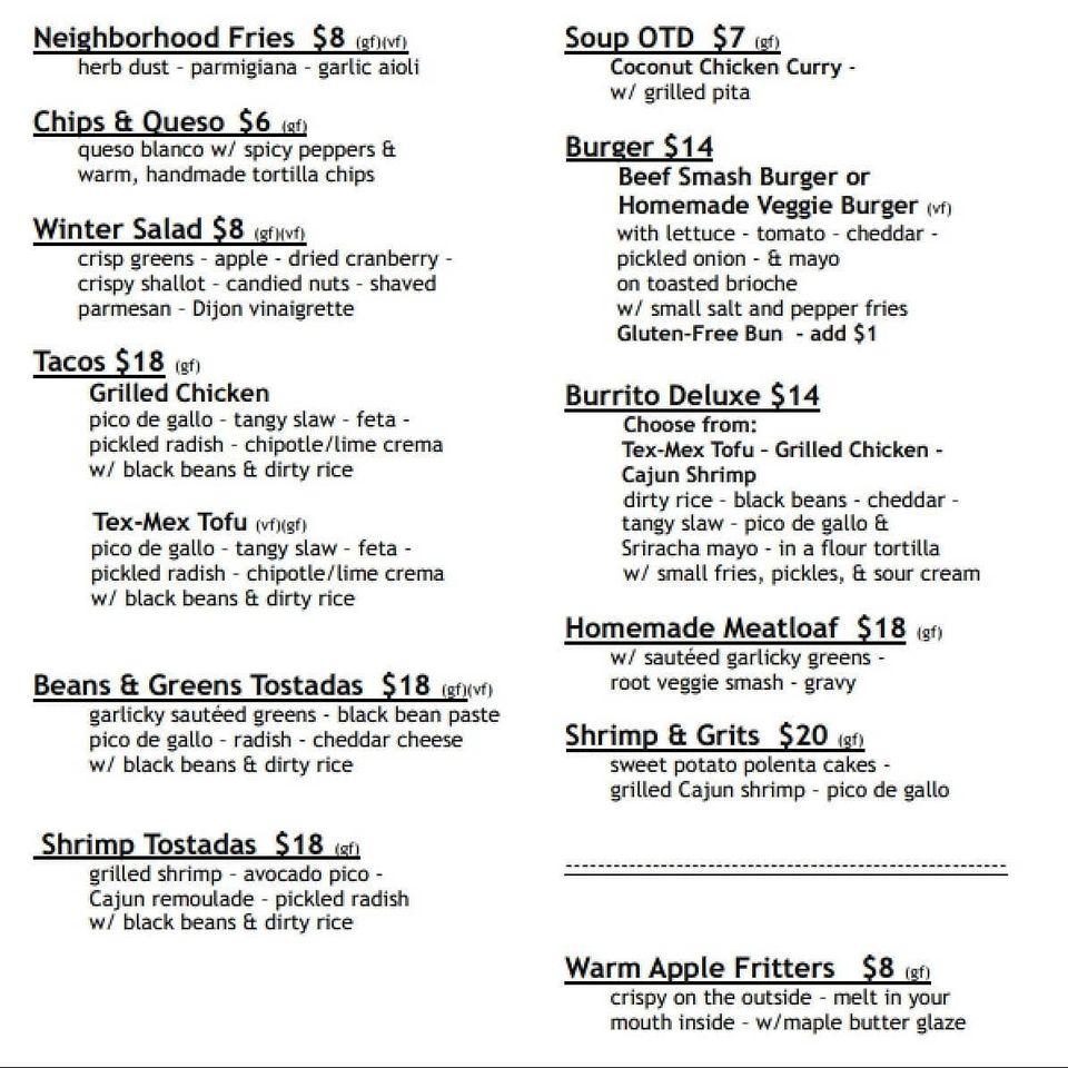 Menu at Neighborhood restaurant, Belfast
