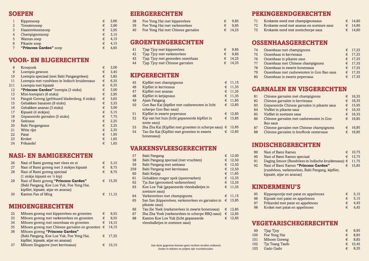 Speisekarte von Princess Garden Restaurant, Balkbrug