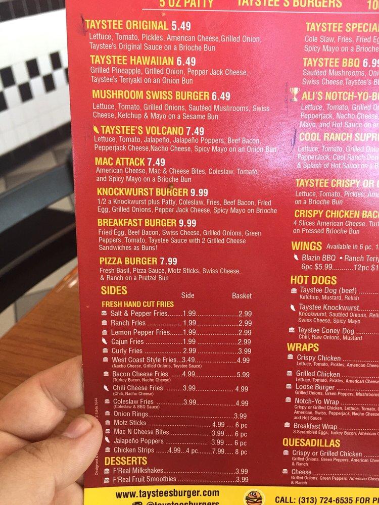 Menu at Taystee's Burgers fast food, Dearborn