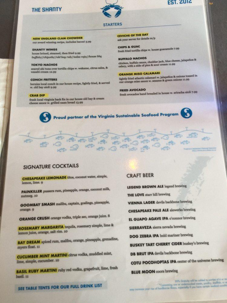 Menu at The Shanty pub & bar, Cape Charles