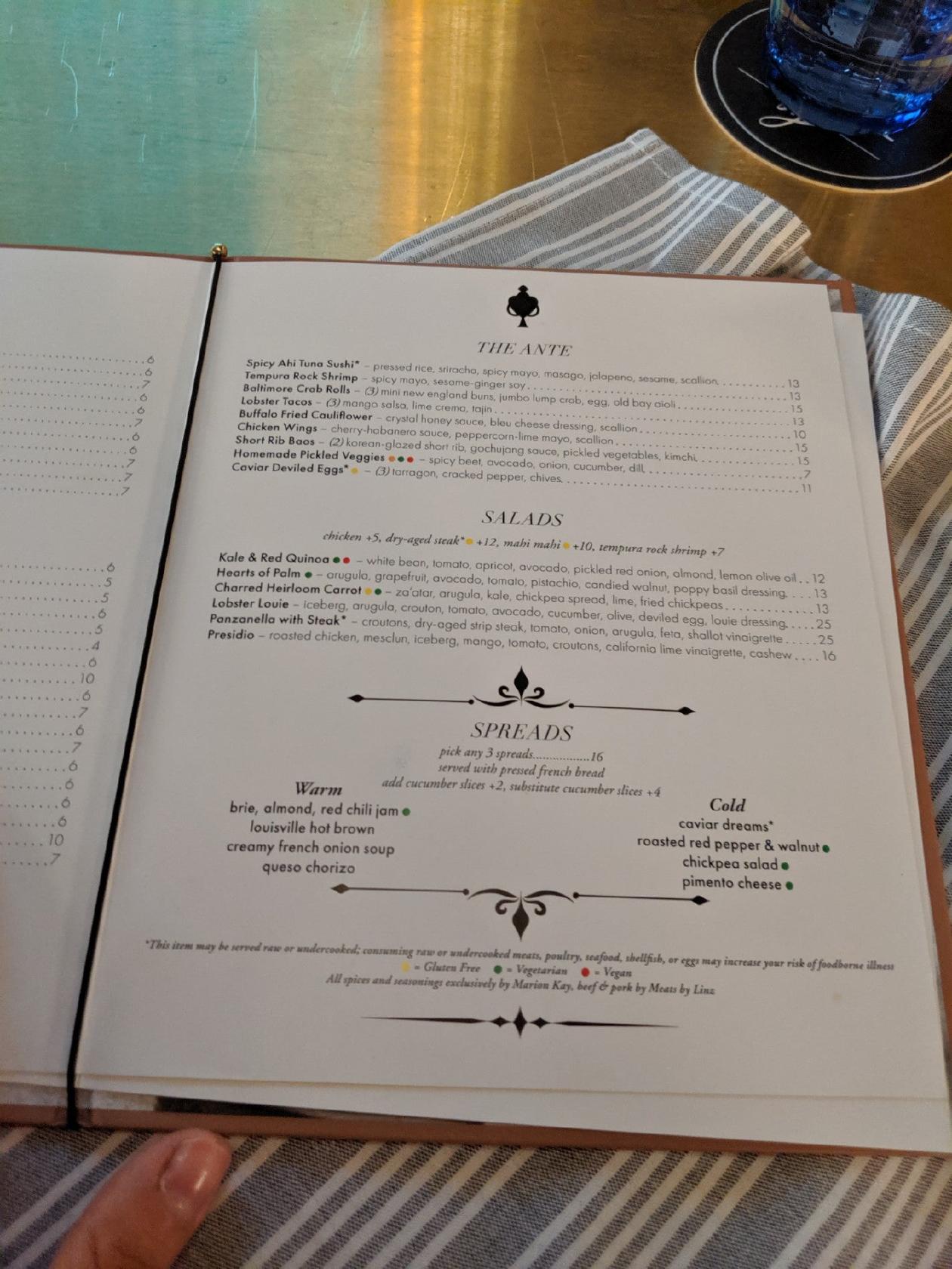 Menu at The Whale restaurant, Chicago