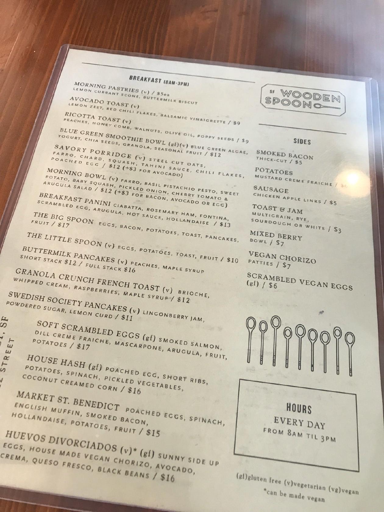 Menu at Wooden Spoon restaurant, San Francisco