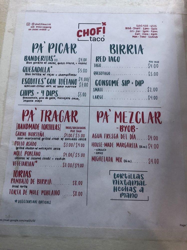 Menu at Chofi Birria restaurant, Union City