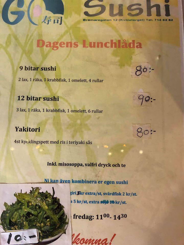 Menu at GO Sushi restaurant, Gothenburg