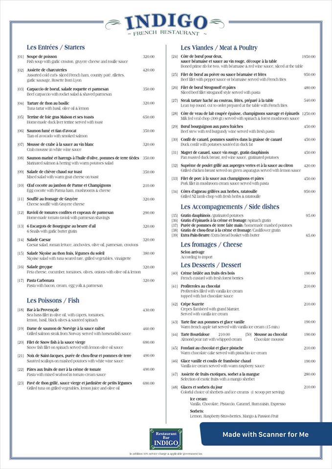 Menu at Indigo restaurant, Bangkok, 6 Convent Rd