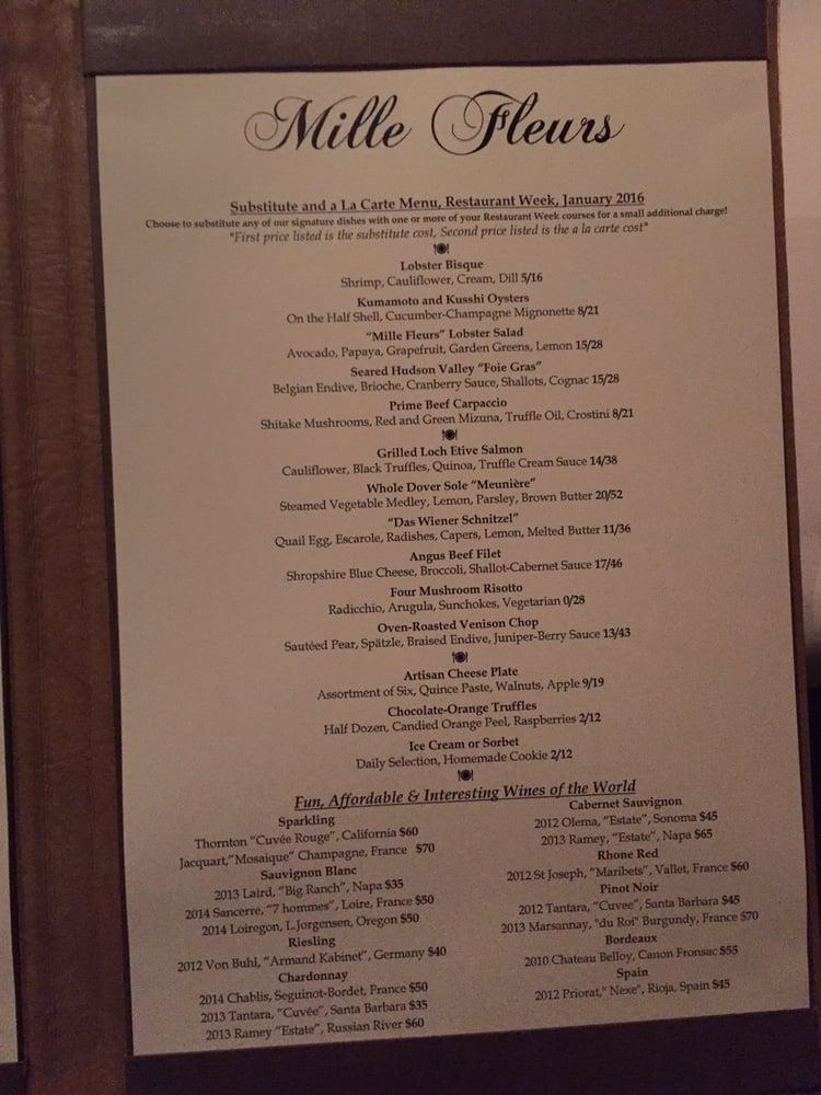 Menu at Mille Fleurs restaurant, Rancho Santa Fe