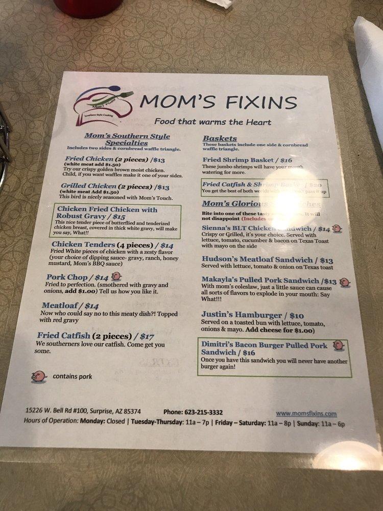 Menu at Mom's Fixins restaurant, Surprise