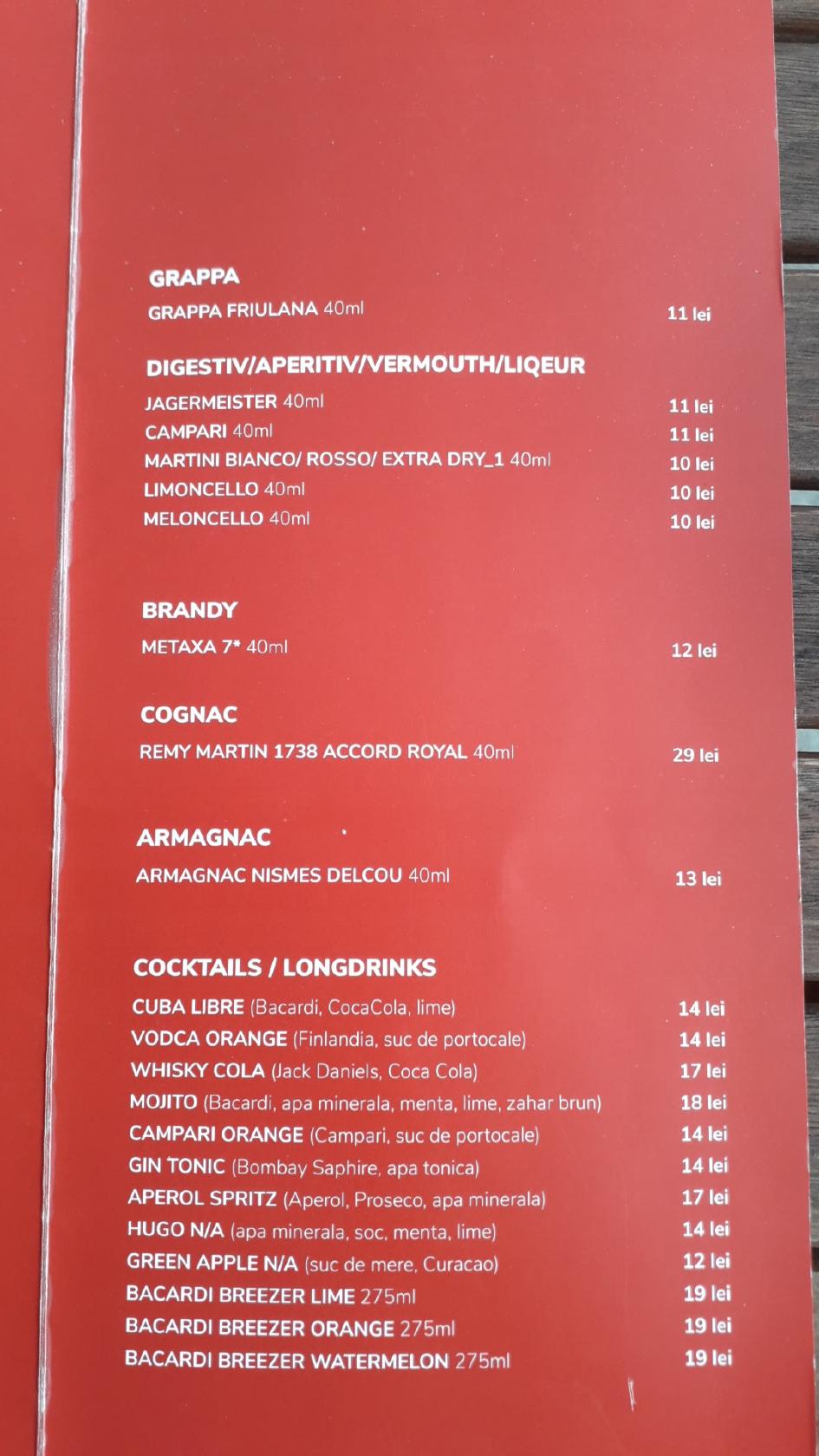 Menu at Pizza Paparazzi, Timișoara
