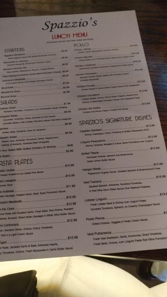 Menu at Spazzio's Italian Cantina pub & bar, Arlington