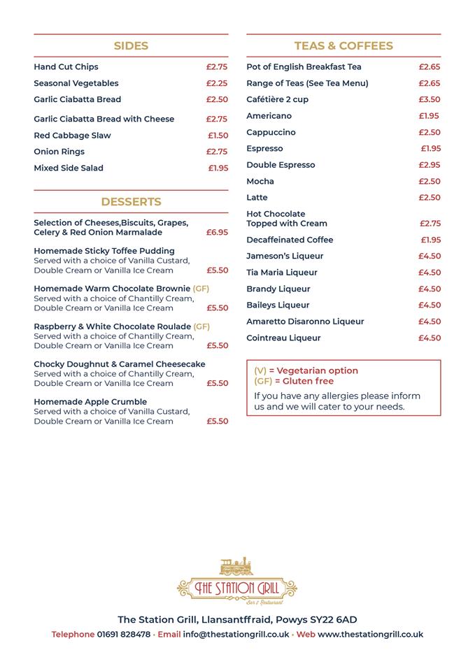 Menu at The Station Grill restaurant, Llansantffraid-ym-Mechain