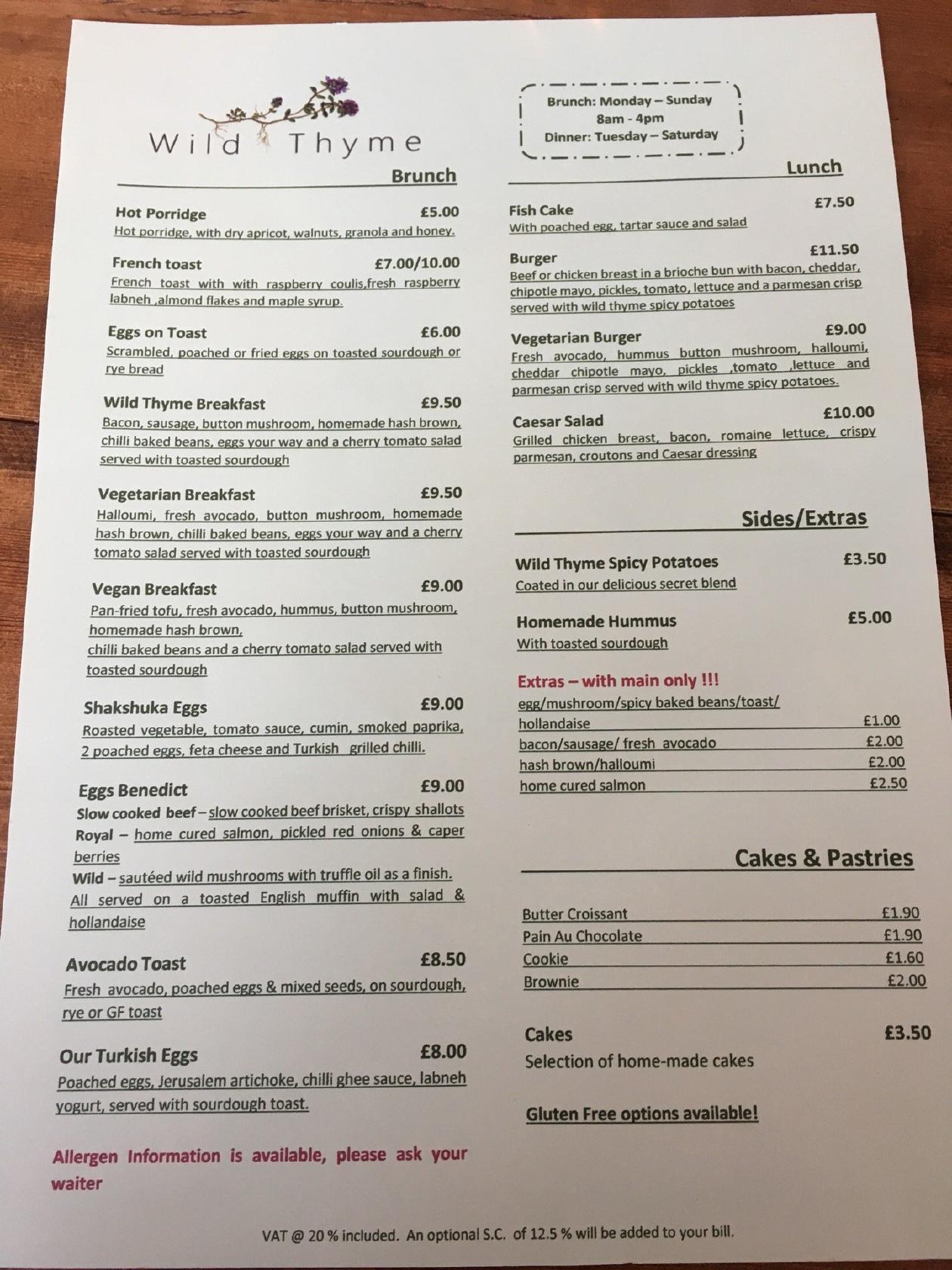 Menu at Wild Thyme London cafe, London