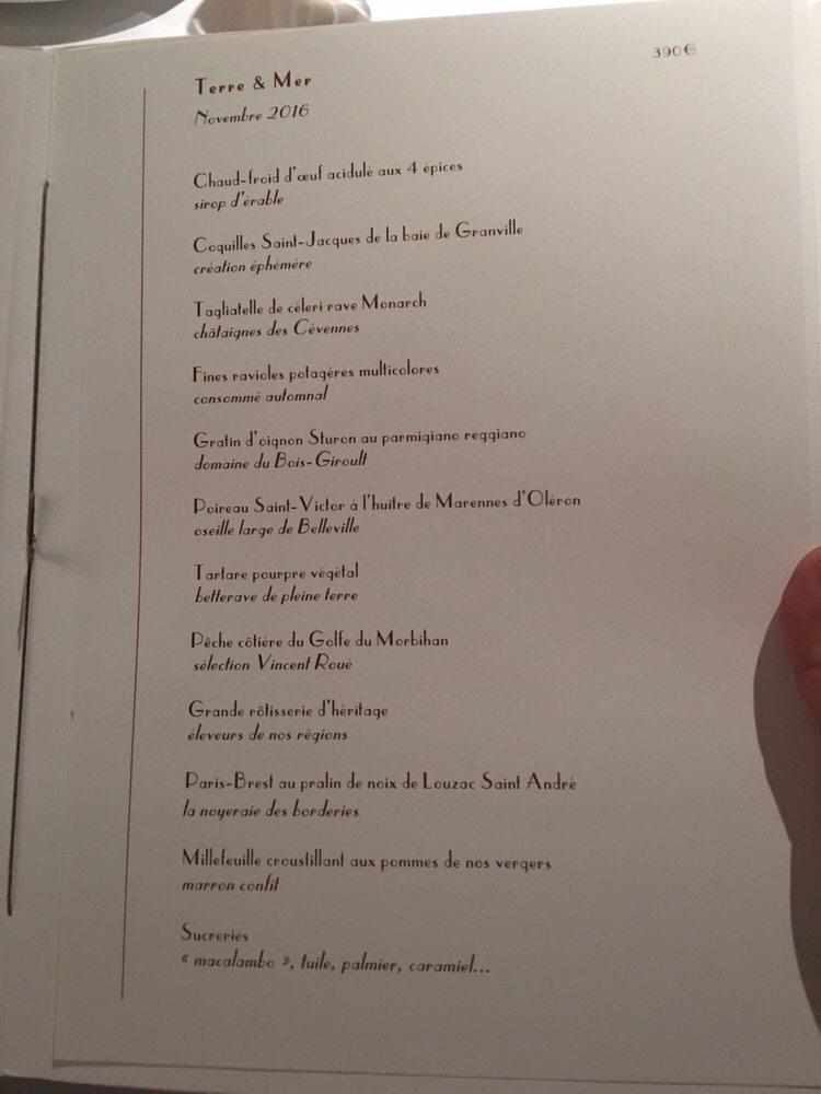 Menu at Arpège restaurant, Paris, 84 Rue de Varenne