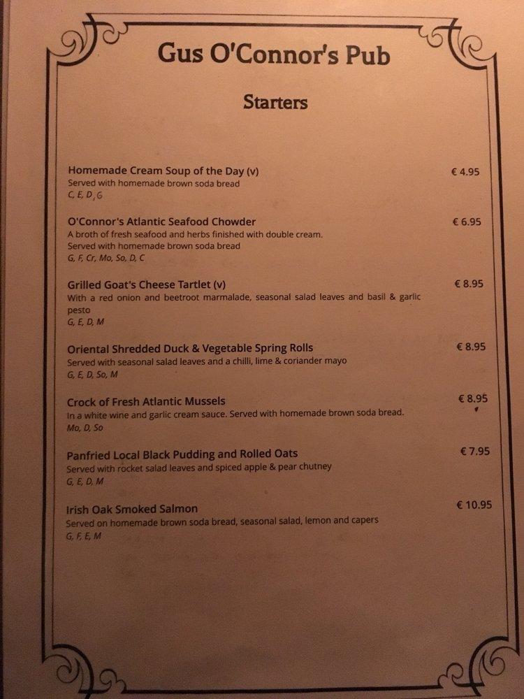 Menu at Gus O'Connor's Pub, Doolin