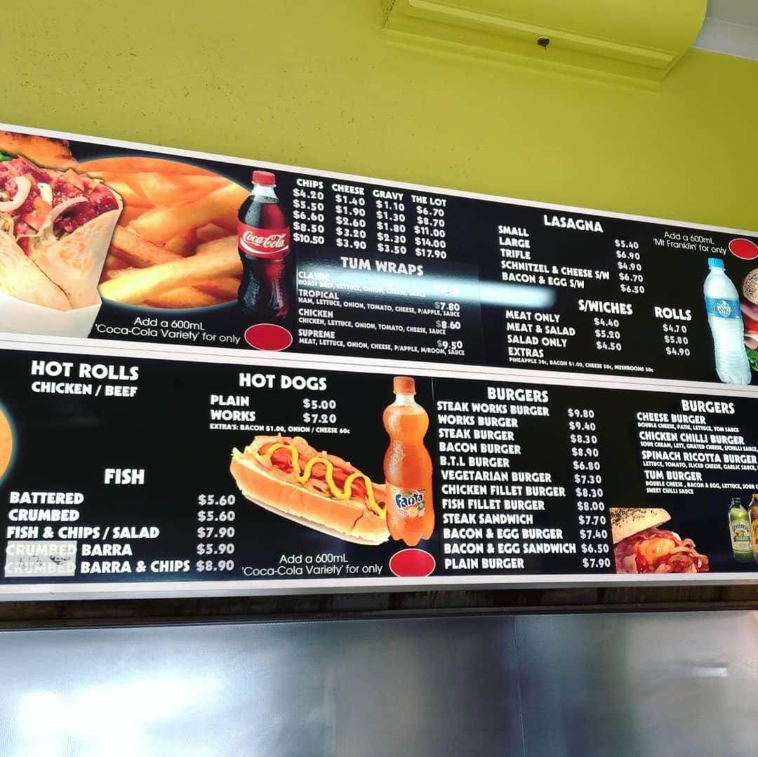Menu at Hungry Tum fast food, Bundaberg Central