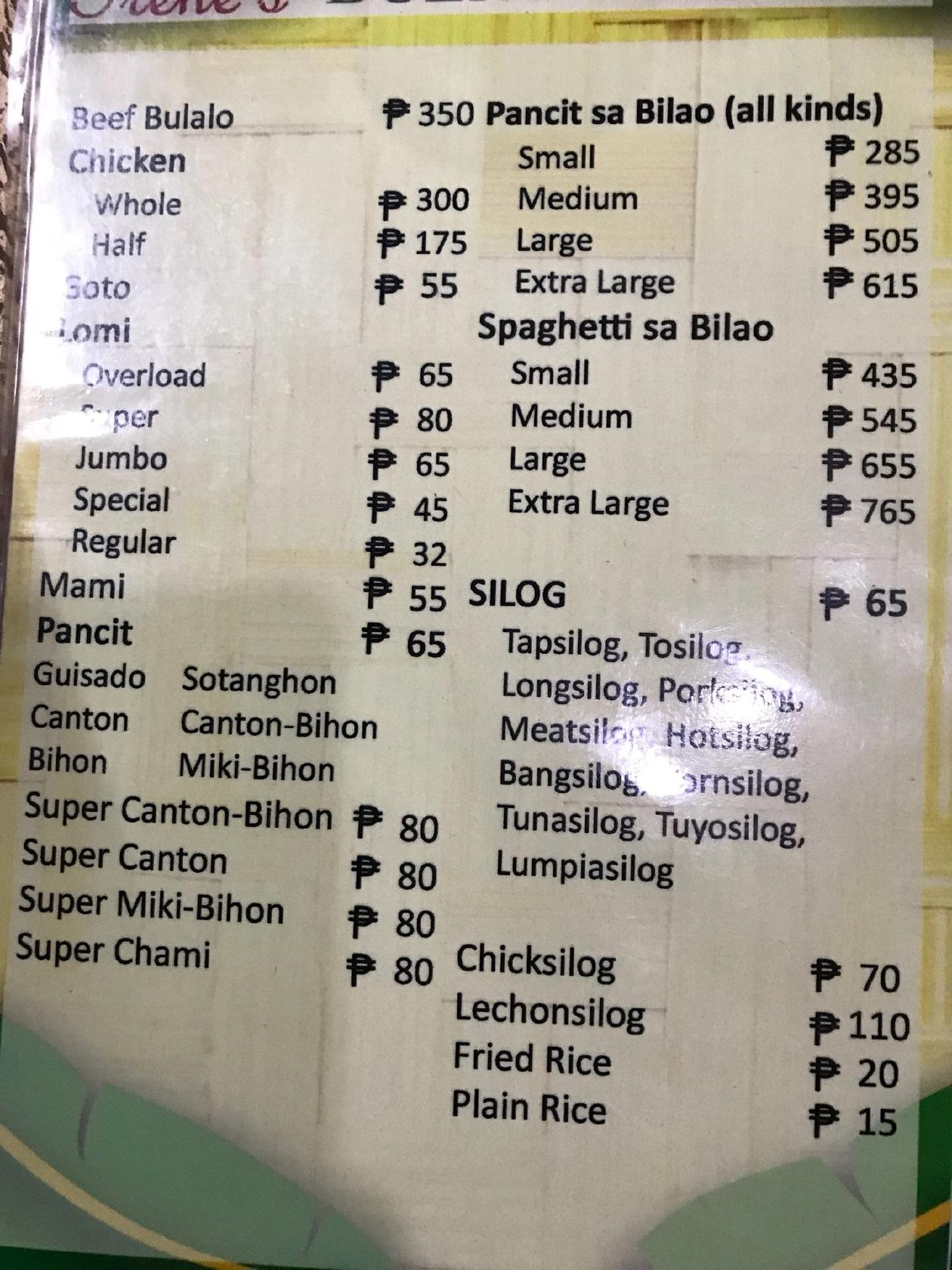 Menu at Irene's Bulalo sa Kubo restaurant, Batangas