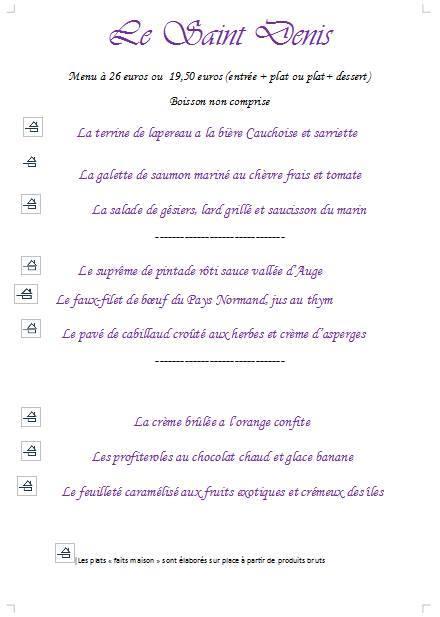Menu au La Taverne Saint Denis restaurant, Héricourt-en-Caux