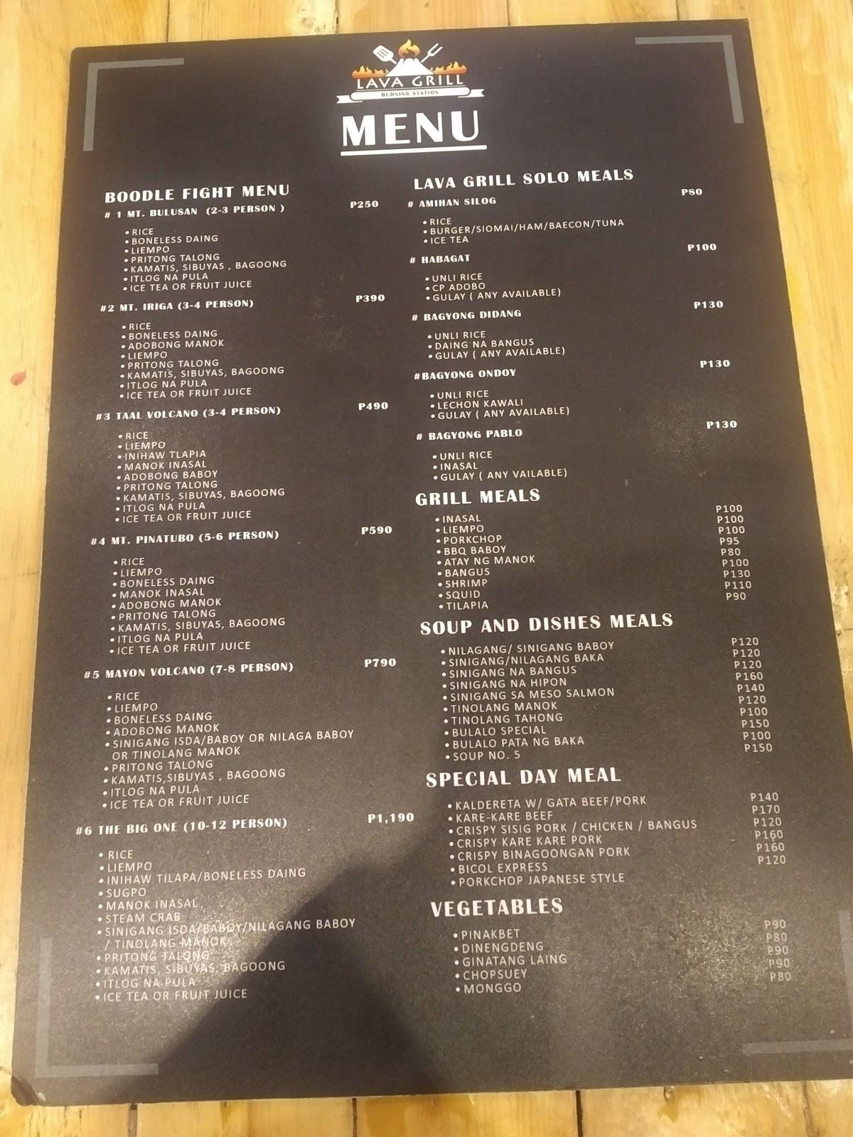 Menu at Lava Grill restaurant, Manila