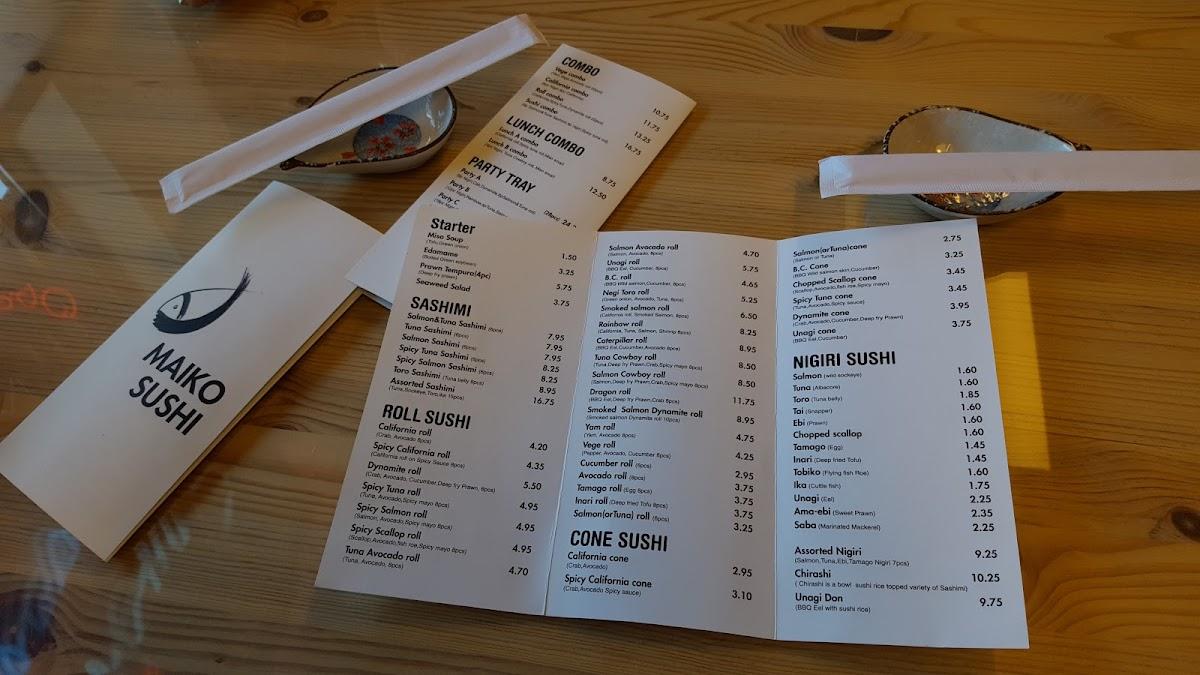 Menu at Maiko Sushi restaurant, Langford