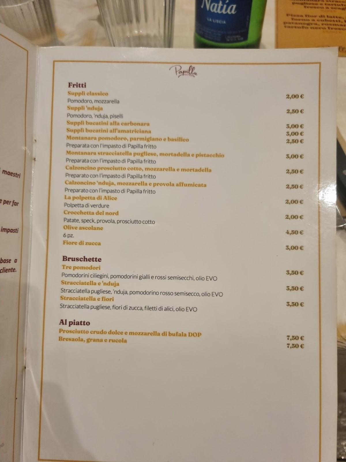 Menu au Pizzeria Papilla Roma, Rome