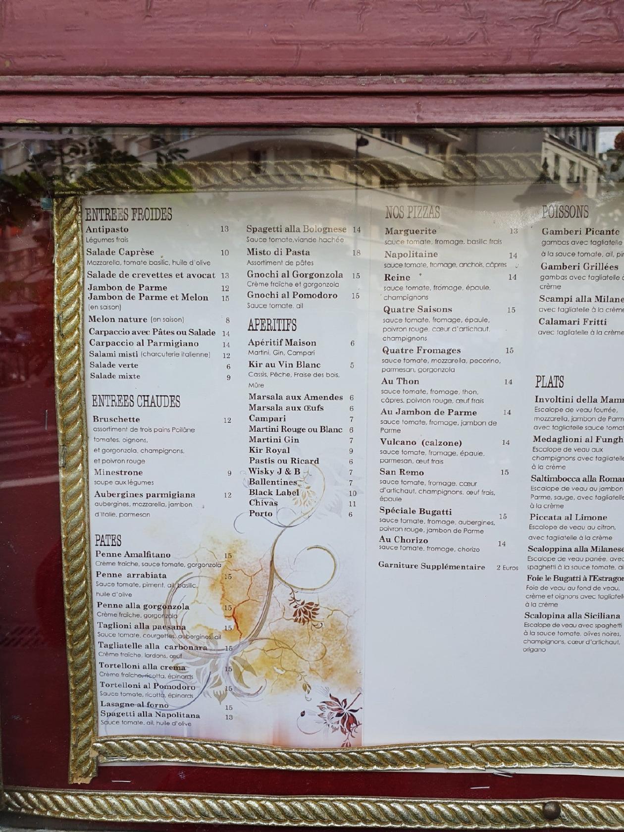 Menu au Restaurant le Bugatti, Paris