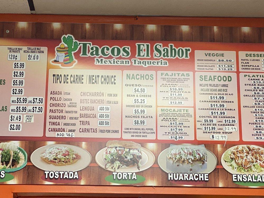 Menu at Tacos El Sabor restaurant, Woodstock, Hwy 92 #100