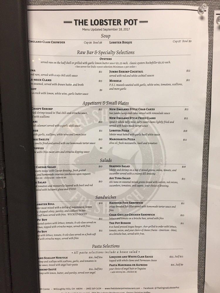 Menu at The Lobster Pot restaurant, Willoughby Hills
