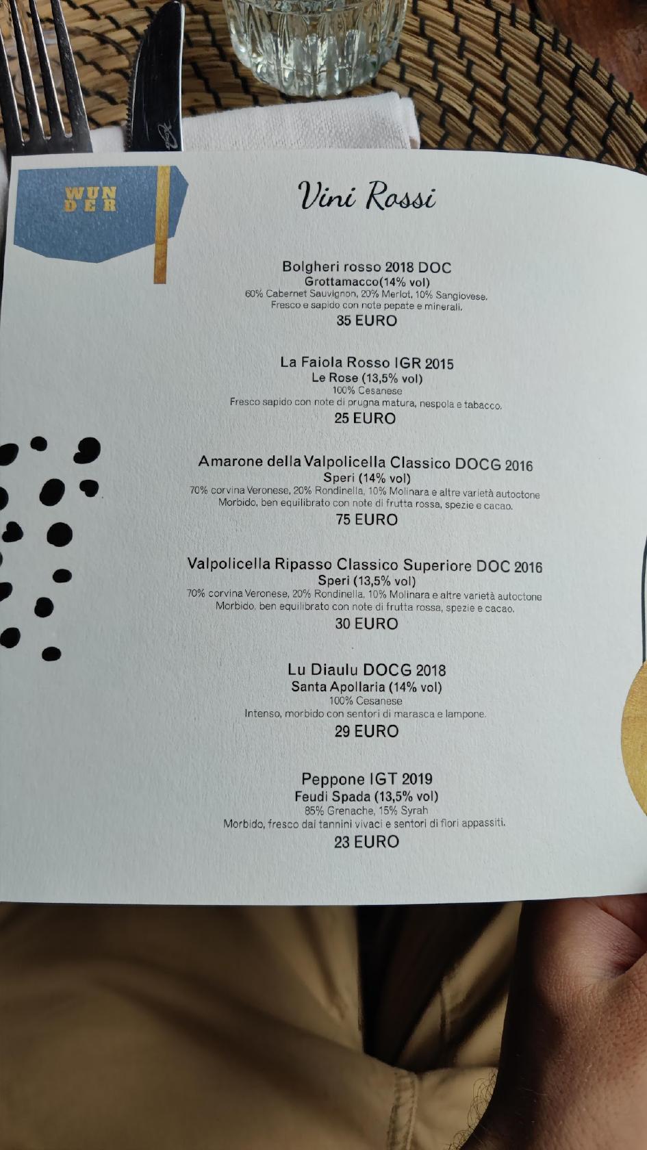 Menu da Wunderkammer ristorante, Castel Gandolfo