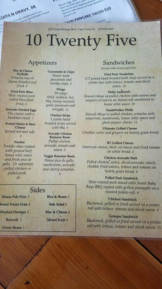 Menu at 10 Twenty Five pub & bar, Cape Coral, Santa Barbara Blvd