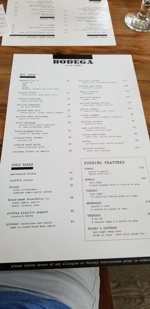 Menu at Bodega 124 Street restaurant, Edmonton, Stony Plain Rd