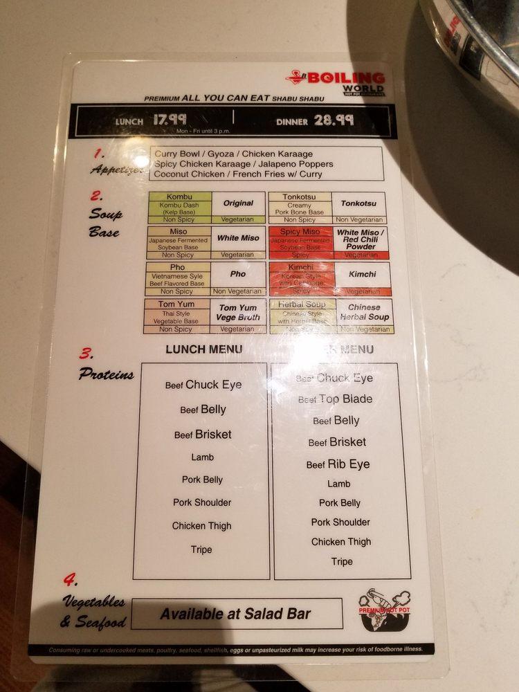 Menu at Boiling World restaurant, Ontario
