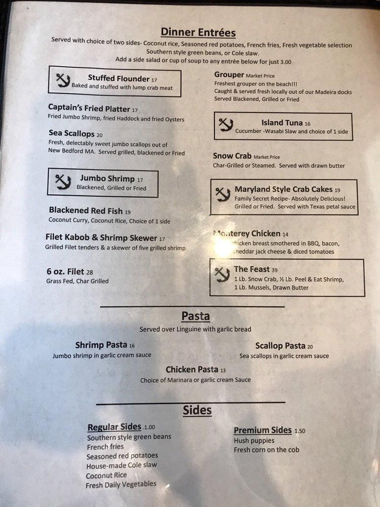 Menu at Captain Bill's Oyster Bar, Treasure Island